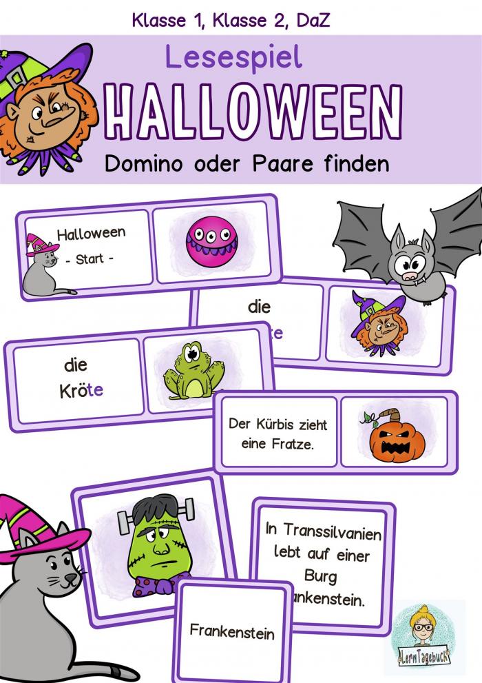 Lerntagebuch - Lesespiel Halloween Lesedomino Paare finden