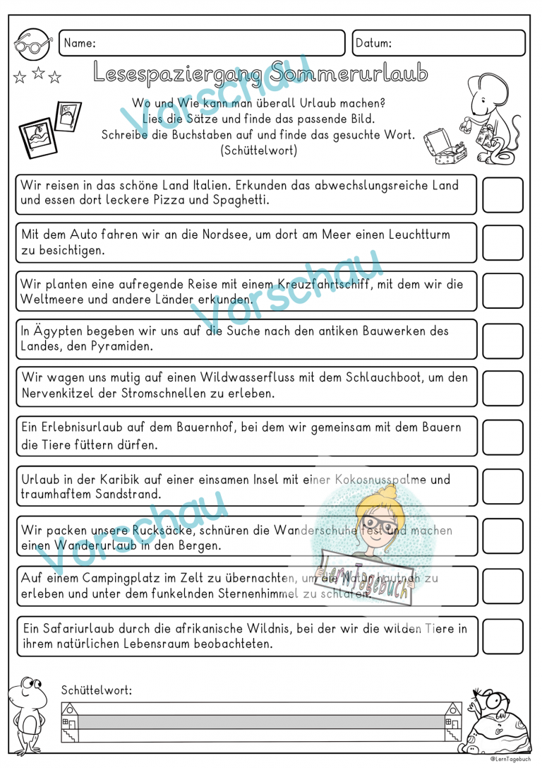 Lerntagebuch - Lesespaziergang Sommer Klasse 1, 2, 3, DaZ