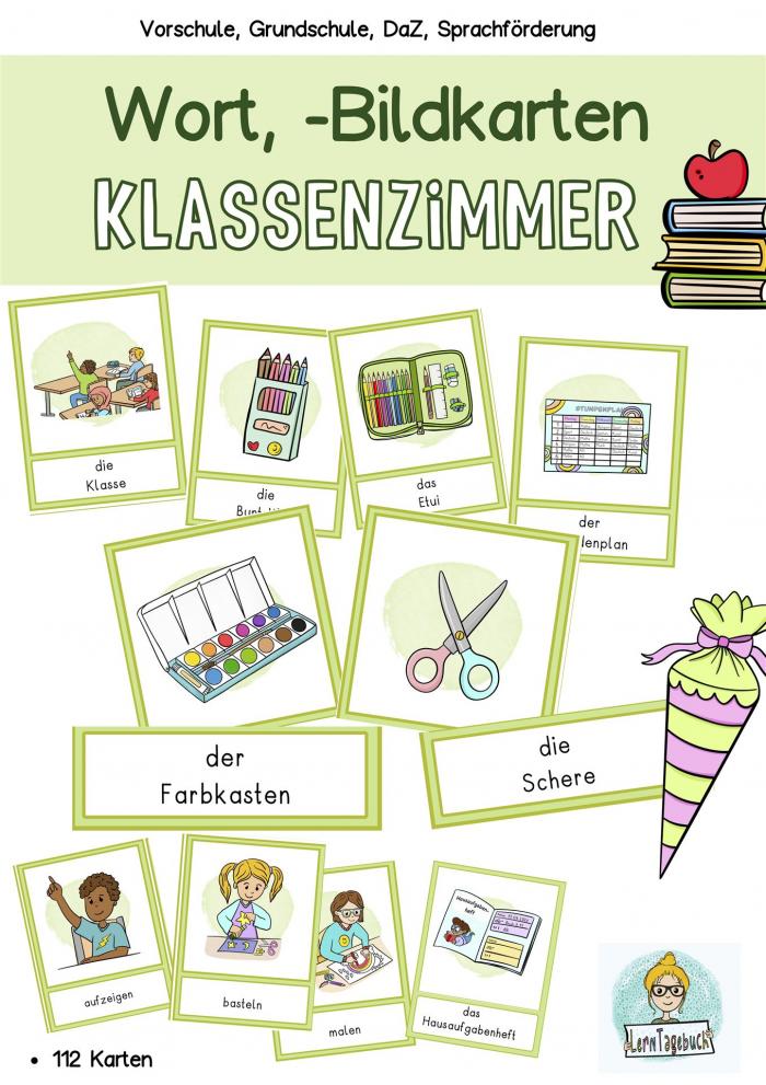 Lerntagebuch - Bild,- Wortkarten im Klassenzimmer, Schule, Schulmaterial