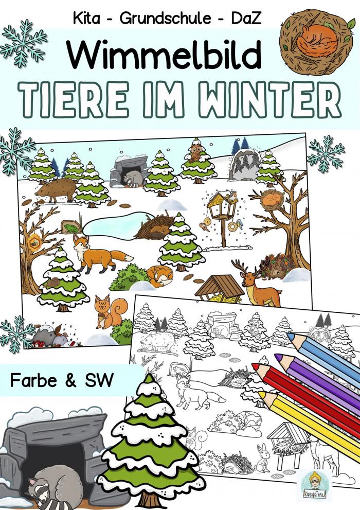 Lerntagebuch - Einfaches Wimmelbild Tiere im Winter