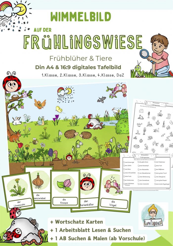 Lerntagebuch - Wimmelbild Frühling, Wiese, Tiere und Frühblüher